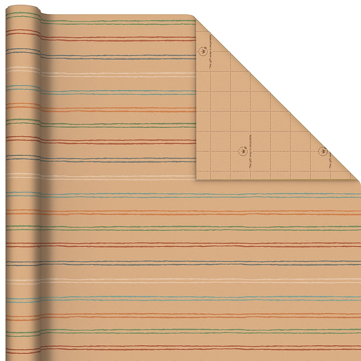 Hallmark Recyclable Wrapping Paper with Cutlines on Reverse (3 Rolls: 60 sq. ft. ttl) Rainbow Stripes, Celebrate, Stars on Kraft Brown for Birthdays, Graduations, Kids Parties