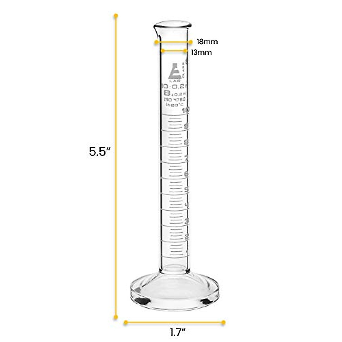 EISCO Graduated Cylinder, 10ml - Class B Tolerance ±0.20ml Round Base White Graduations Borosilicate 3.3 Glass- Eisco Labs