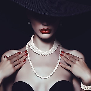 BBTO 4 Pieces Pearl Necklace Set for Women, 8 mm Round Shell Pearl Stunning Pearl Stretch Bracelet, Multi Strand Choker Necklace, Dangle Earrings Jewelry, Halloween Christmas Birthday Wedding Present