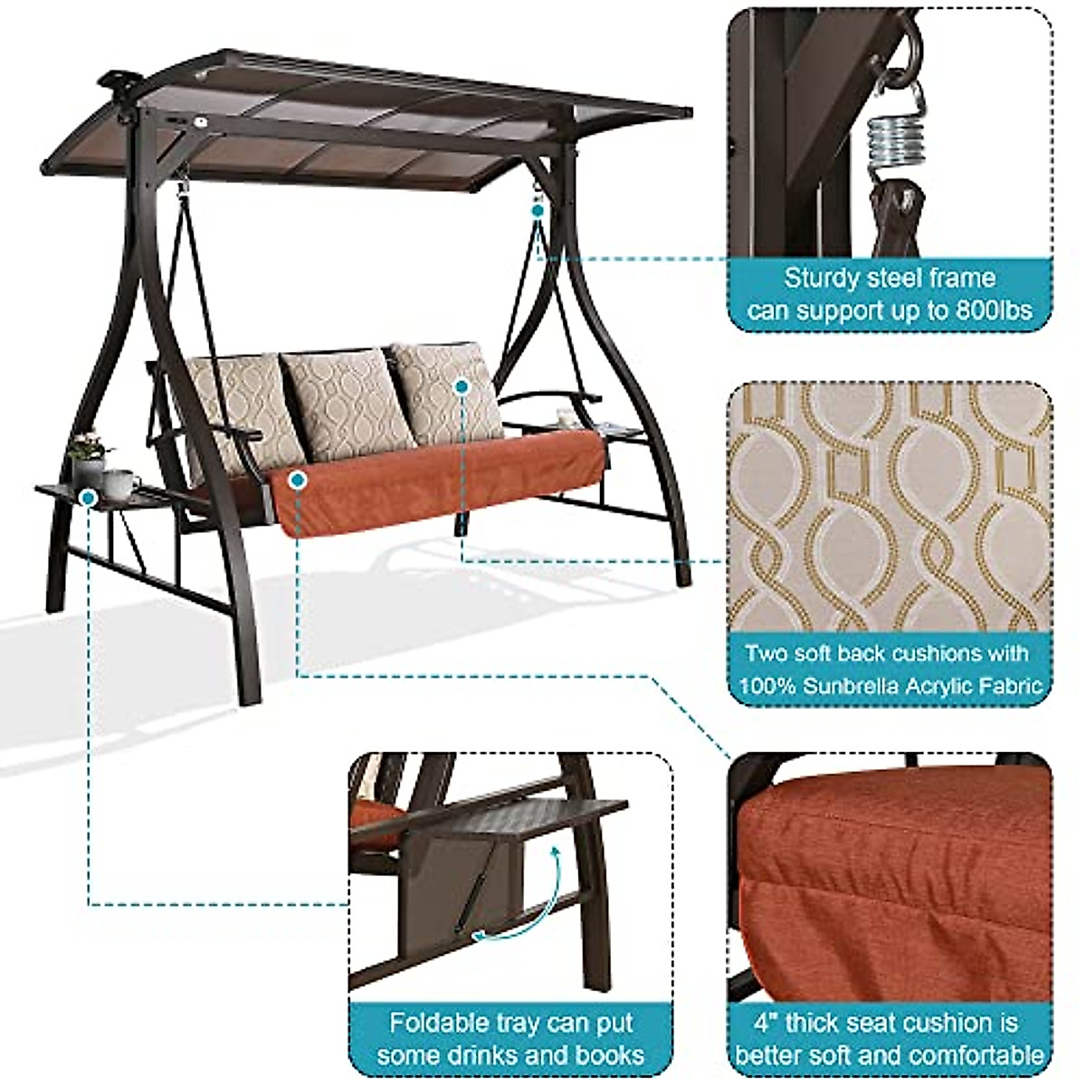 Iwicker 3-Seat Patio Swing Porch Glider Hammock Hang Bench Chair with Adjustable Canopy, Folding Tray, Cushions and Sunbrella Pillows Included for Garden, Poolside, Balcony