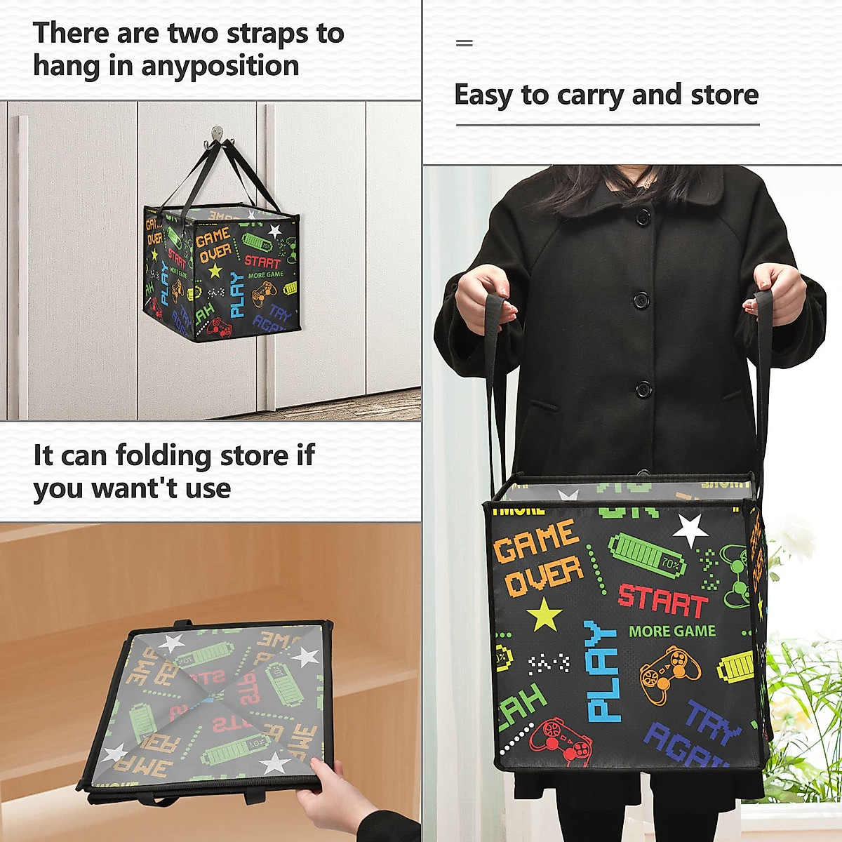 KEEPREAL Pixel Game Style Cube Storage Bin with Handles, Large Collapsible Organizer Storage Basket for Home Decorative(1Pack,13 x 13 x 13 in)