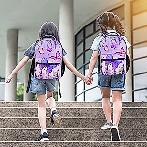 Lamtwbos Purple Butterfly Lavender Kids Backpacks for Girls Middle-School Elementary Bookbags 17 Inch Waterproof Lightweight Schoolbag for Kids