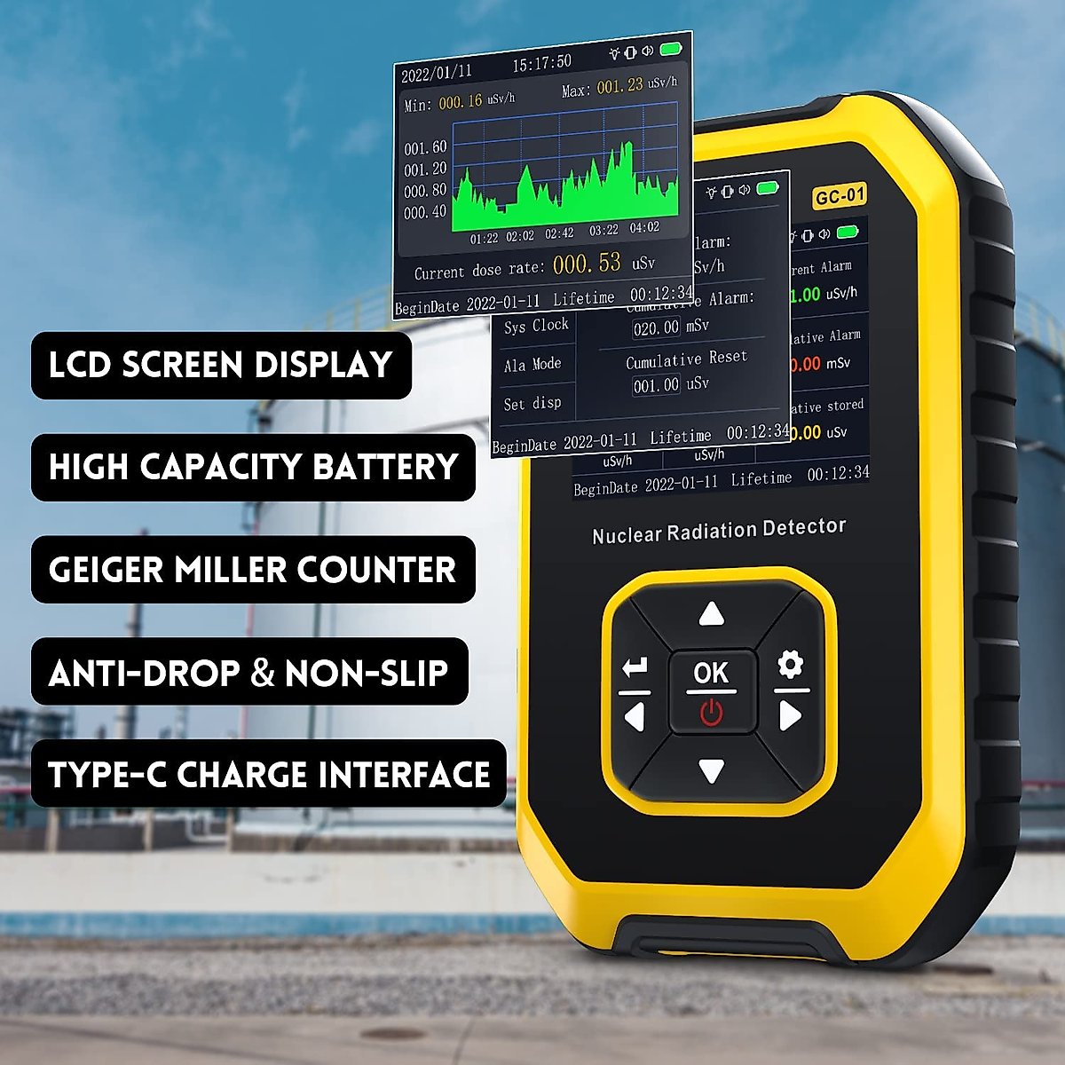 Bundle of 1 Geiger Counter Nuclear Radiation Detector-FNIRSI Radiation Dosimeter with LCD Display, Portable Handheld Beta Gamma X-ray Rechargeable and Safecastle Multipurpose Toolkit Card
