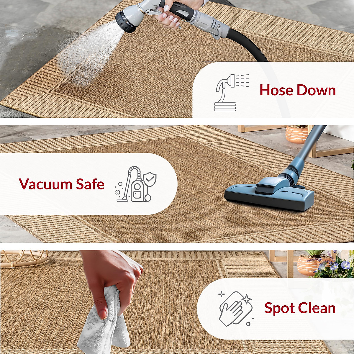 nuLOOM 8' x 10' Outdoor Area Rug, Casual Design With Striped Border, Stain Resistant, Highly Durable, For Patio, Balcony, Bedroom, Living Room, Dining Room, Bathroom, Light Brown