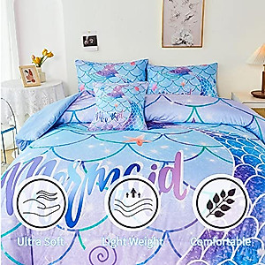 RYNGHIPY 6Pcs Mermaid Tail Comforter Set for Kids Girls, Mermaid Fish Scale Bed in a Bag Twin Size, Sparkle Teal Purple Rainbow Bedroom Decor Bedding Set
