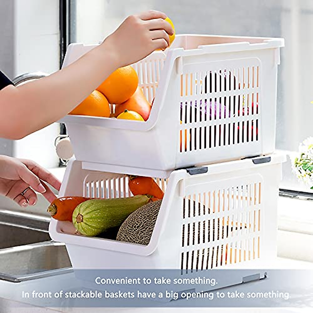 Baffect Pantry organizers, set of 3 Plastic Basket with rollers, Stackable Storage Bins for onions and potatoes (Beige)