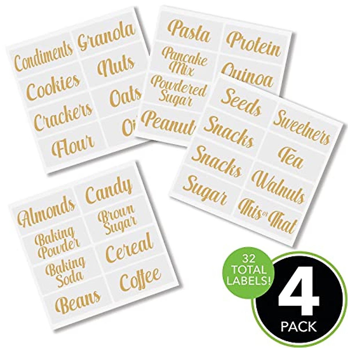 mDesign Home Organization Labels, Preprinted Label Stickers for Kitchen Pantry Storage and Cleaning, Household Organizing for Jars, Canisters, Containers, Boxes, or Bins, 32 Count, Clear/Metallic Gold