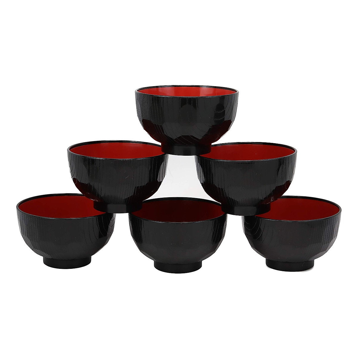 Ebros Gift Made In Japan Traditional Black Red Lacquer Copolymer Plastic Bowl For Rice Salad Miso Soup 4.5"Dia 8oz Japanese Restaurant Supply Bowls Home Kitchen Accessories (Beehive Ridged Pattern, 6)