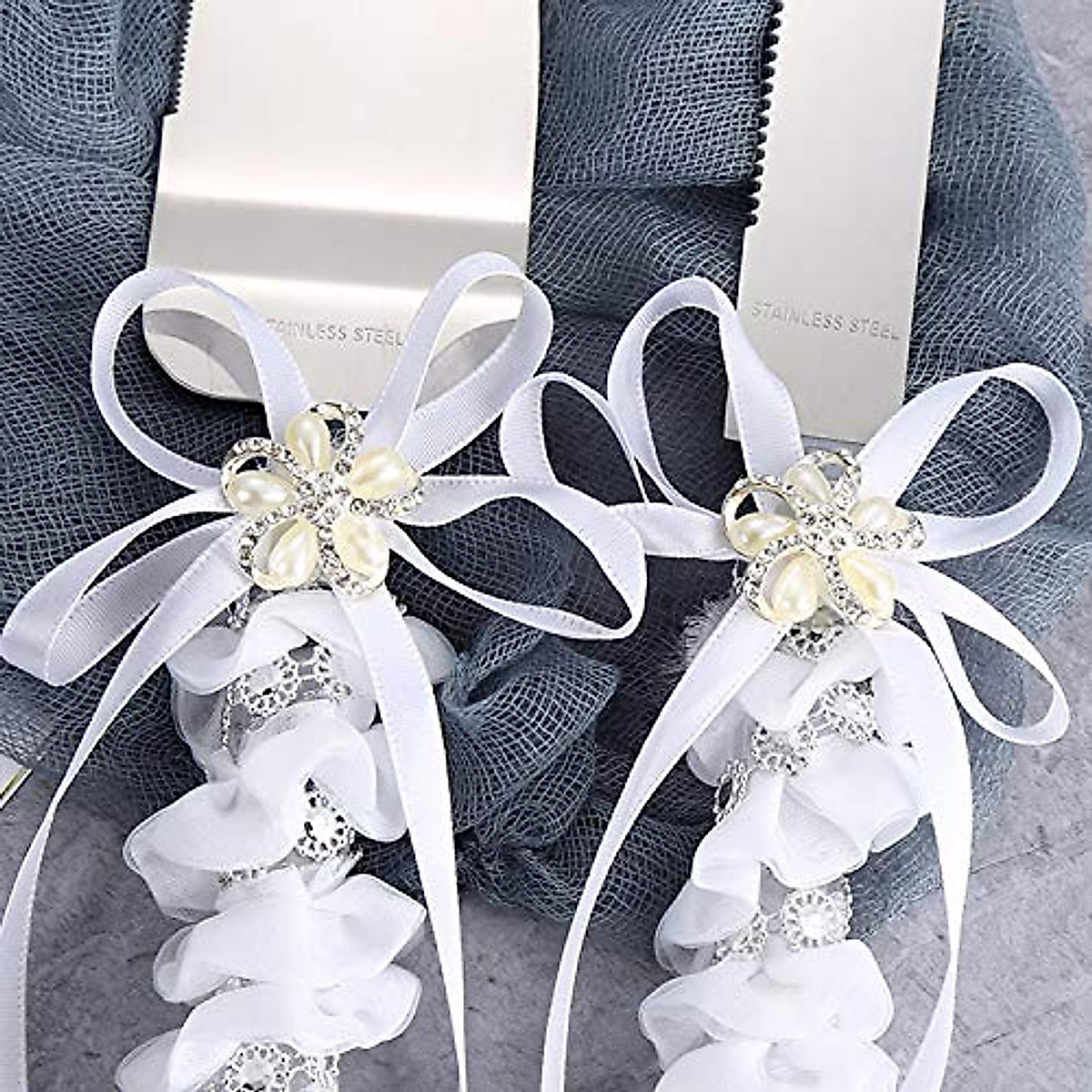 TANG SONG Stainless Steel Elegant Wedding Cake Knife and Serving Set Resin Plastic Handle Pearl Flower Shape with Lace Wedding Cake Knife and Shovel