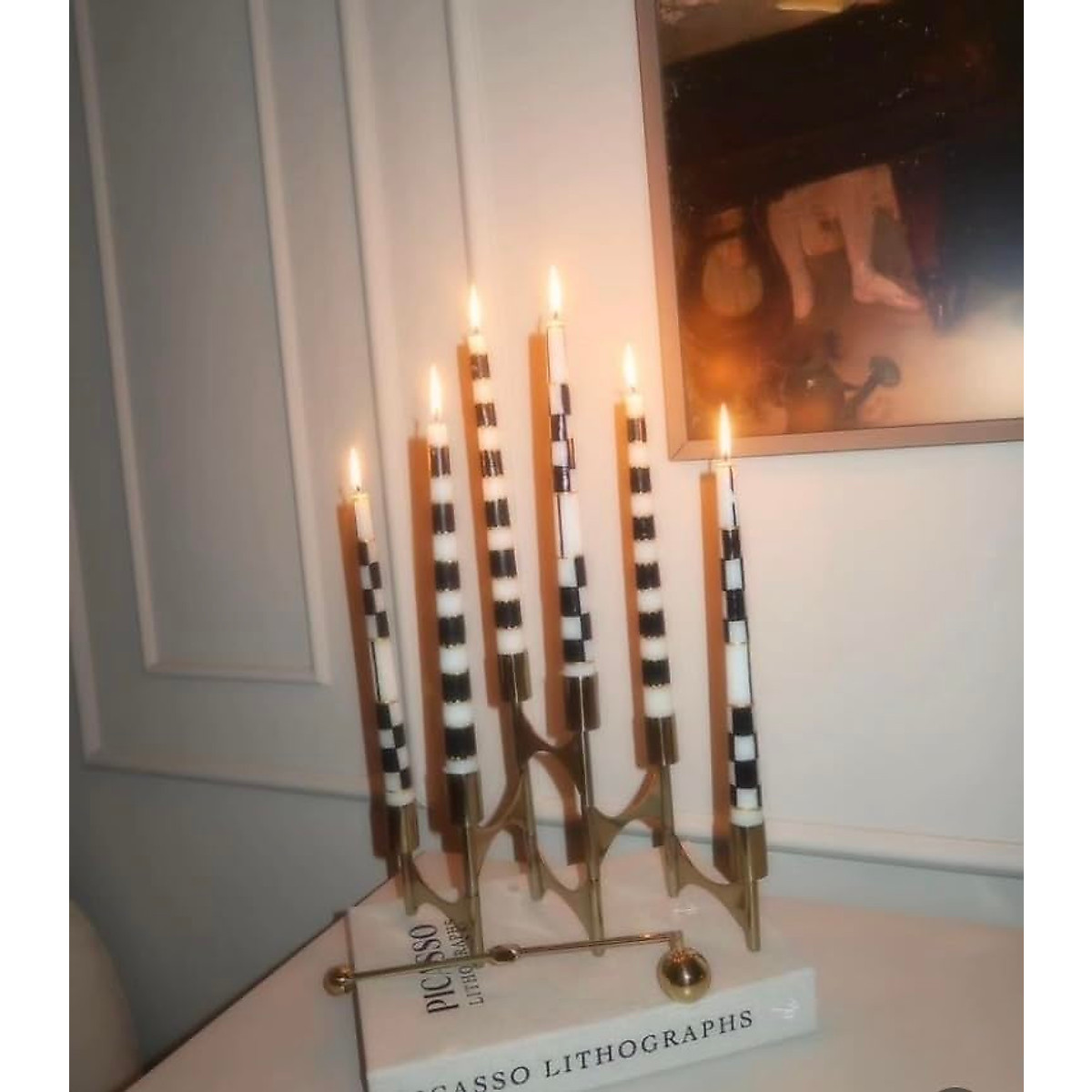 0 Handmade Decorative Hand Painted Taper Candles, 2 Pack | Checkered Black & White | for Dinner Table and Interior Decoration