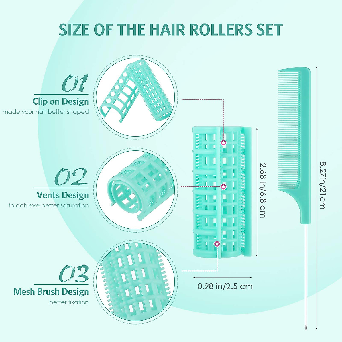 Syhood 12 Pieces Snap Hair Roller, Large Size Plastic Hair Rollers Curlers with Rat Tail Comb for Hairdressing Styling Tools(6.8 x 2.5 cm,Light Green)