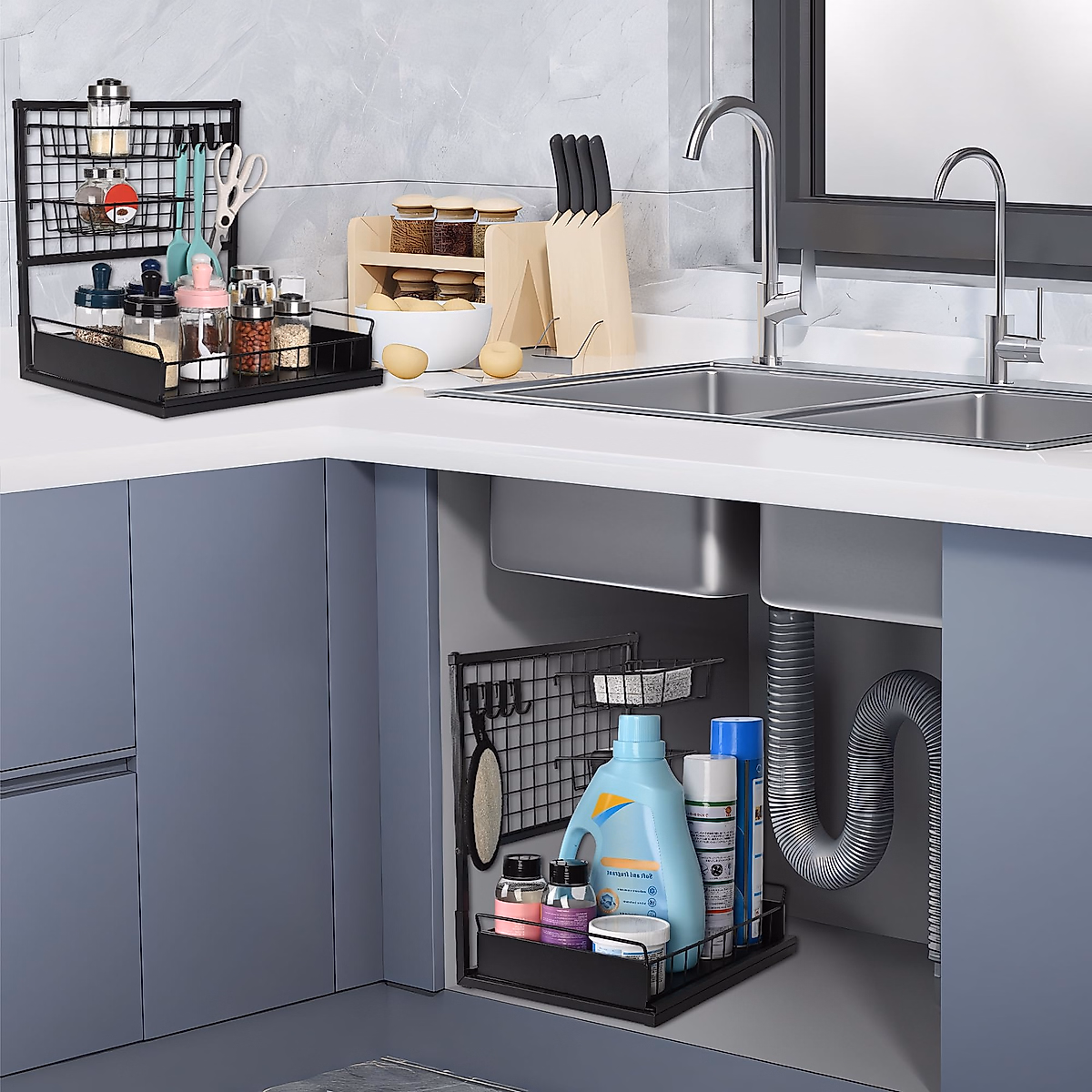 Under Sink Storage,Under Bathroom Sink Organizer and Storage, No Drilling Rustproof Stainless Steel Pull Out Shelf for Kitchen Bathroom (Black)