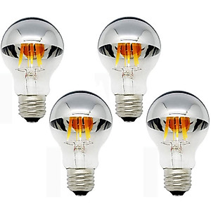 Edearkar A19 Half Chrome Light Bulb 6W Dimmable, E26 Base Daylight White 6000K 60W Equivalent 600lm Decorative Silver Mirror LED Edison Bulb for Indoor Living Room, AC110V, E26 Base, Pack of 4