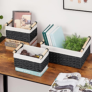 Vagusicc Wicker Storage Basket, Set of 3 Hand-woven Wicker Baskets for Organizing, Large Cube Storage Organizer Baskets Bins with Handles for Shelves Decor, Small Toilet Paper Storage Basket, Black