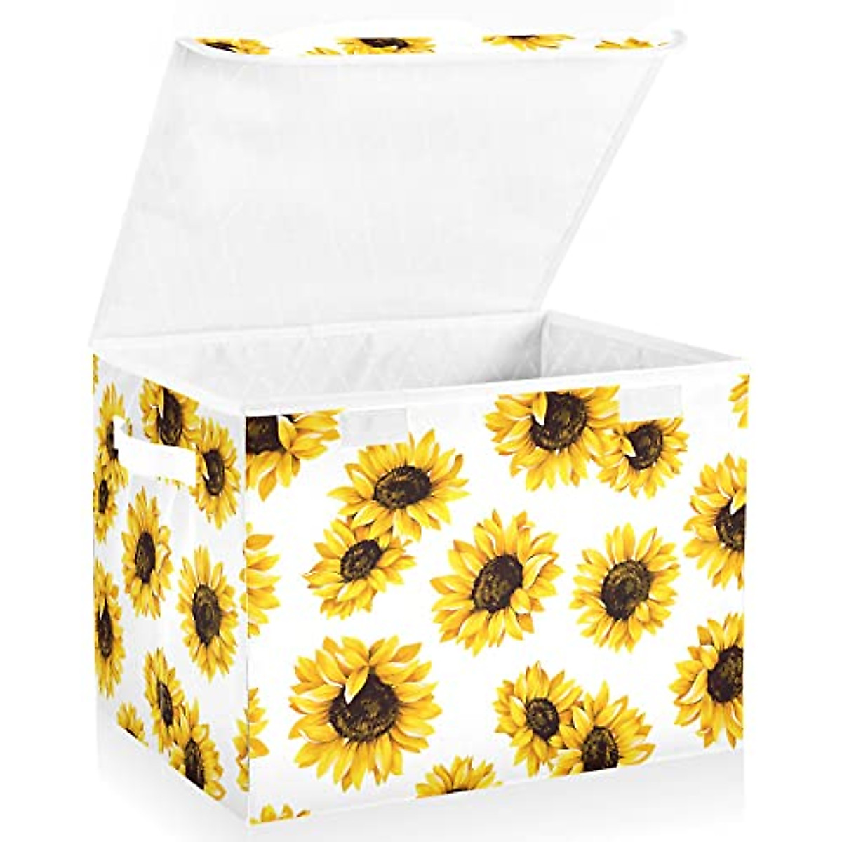 stargrass Foldable Storage Bin Fabric Decorative Storage Box with Lid and Handles,Flower Sunflower Yellow Collapsible Storage Basket 11.8x12.6x16.5 Inch