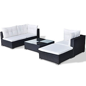5 Piece Patio Lounge Set with Cushions Poly Rattan,Afternoon Tea Suit,Patio Bar Set,Pool Sofa Set,Lounge Seat,Garden Furniture,Entertainment Sofa Set,for Porch, Lawn, Garden, Backyard, Pool,Black