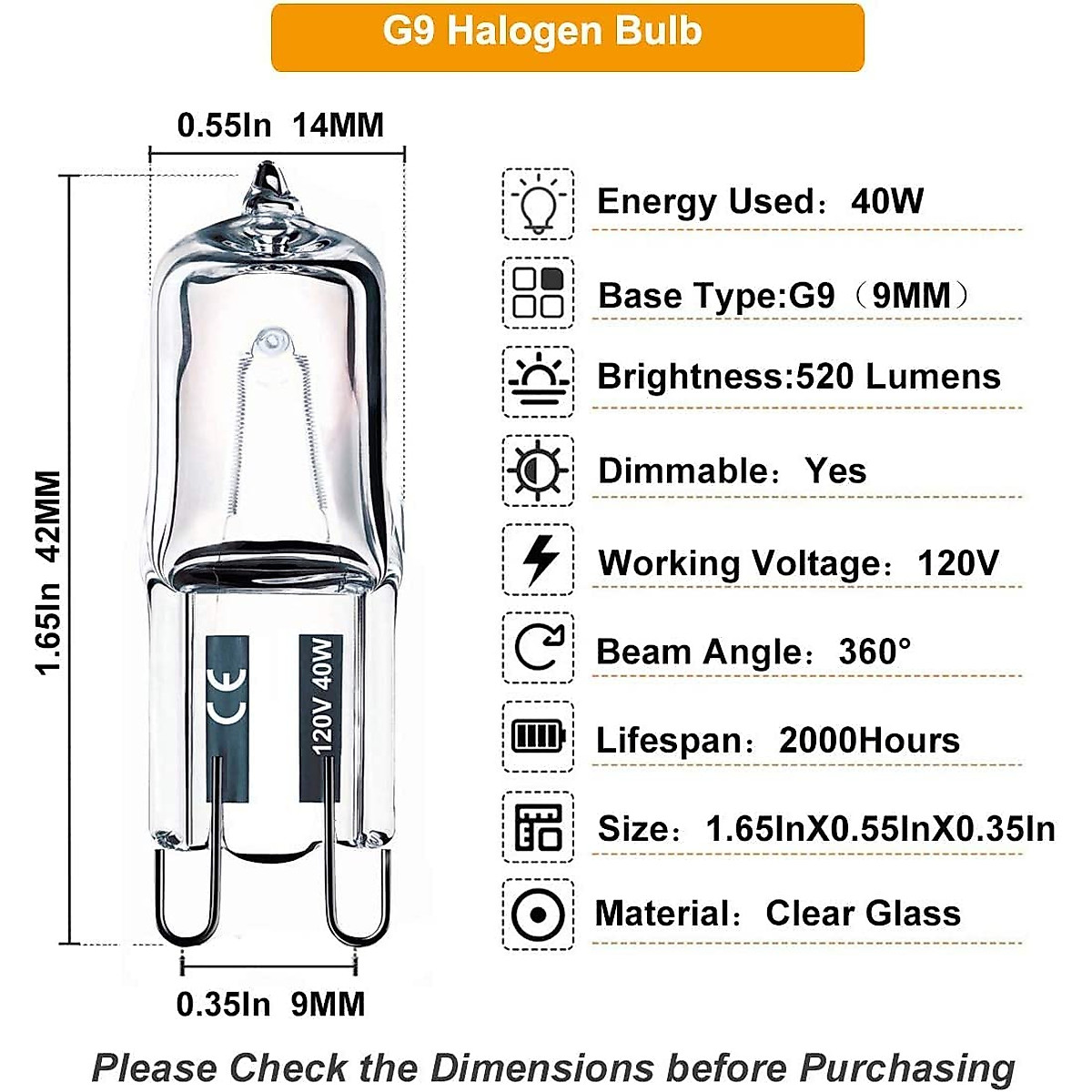 G9 Bulb, 10PCS G9 Halogen Bulb 40 Watt 120V, G9 Dimmable Long Lasting Lifespan with High Brightness 520LM, CRI100 & 2800K Warm White, T4 JD Type Halogen Light Bulbs G9 Base Bi Pin, for Cabinet Lights