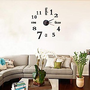 10inch-20inch Frameless DIY Wall Clock Black 3D Mute Round Shape Quartz Wall Clock Sticker DIY Wall Decoration for Home Living Room Bedroom Office Classroom
