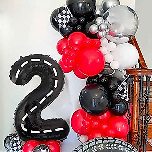 Race Car Balloons Number 2;40 Inch Big Mylar Foil Racing Number 2 Balloons Black 2nd Birthday Balloons for Boys Car Themed Truck Wheel Party Decorations Supplies