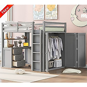 SNIFIT Latest Upgraded & Stronger Solid Wood Full Size Loft Bed with Desk Underneath & Storage Drawers & Shelf & Wardrobe, Thickened Enhanced Wooden Full Loft Bed Frame (Easier to Assemble) (Gray)