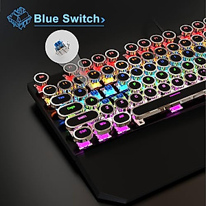 MageGee Typewriter Mechanical Gaming Keyboard, Retro Punk Round Keycaps with RGB Rainbow Backlit USB Wired Keyboards for Game and Office, for Windows Laptop PC Mac - Blue Switches/Black