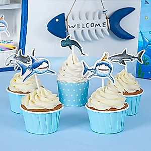 WERNNSAI Shark Cupcake Toppers - 36 PCS Shark Party Cake Toppers for Kids Boys Ocean Shark Themed Party Birthday Shark Cupcake Decorations Baby Shower Beach Party Supplies