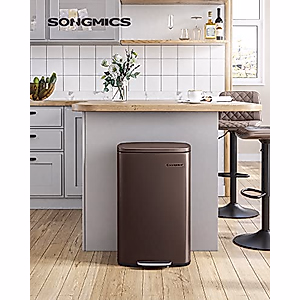 SONGMICS 13 Gallon Trash Can, Stainless Steel Kitchen Garbage Can, Recycling or Waste Bin, Soft Close, Step-On Pedal, Removable Inner Bucket, Brown ULTB50BR