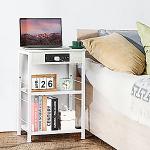 White Nightstand with Charging Station 3 Tier Small End Table with Storage Shelf Modern Farmhouse Bed Side Table with USB Ports and Outlets for Small Space Living Room Bedroom