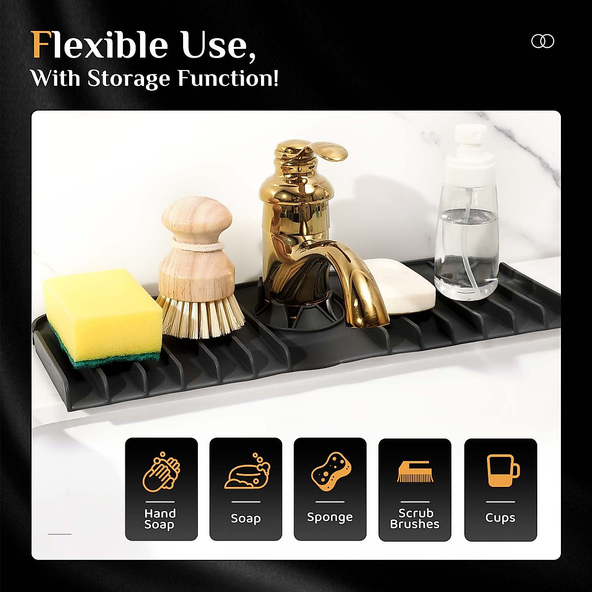 Nuovoware Silicone Sink Facucet Mat, Sink Self-Draining Pad Behind Faucet Anti-Slip Vertical Stripes Reusable Silicone Faucet Mat Pad Sink Drying Mat for Kitchen Sink Splash Guard, Black