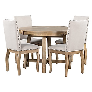 Harper & Bright Designs 5-Piece Farmhouse Extendable Round Dining Table and Upholstered Chair Set, Round Dining Table with Shelf, Wood Dining Table Set for Family Dining Area