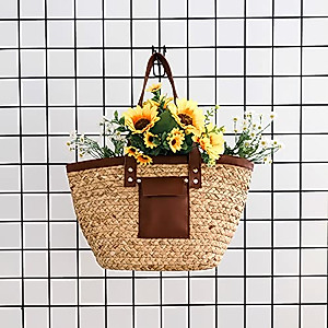 YAHUAN Woven Straw Bag Seagrass Tote Handbag with Leather Pocket Handmade Beach Bag for Women for Shopping & Vacation (Original)