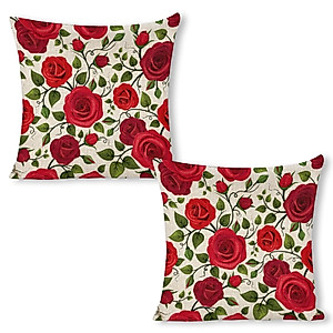 Valentine's Day Rose Throw Pillow Covers 18×18 Pillowcases Set of 2 Vintage Leaves Linen Decorative Square Pillow Case Cushion Covers Standard Size for Sofa Couch Outdoor Bed Pillow Protectors