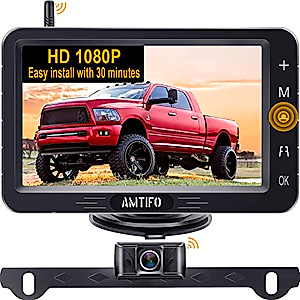 AMTIFO Wireless Backup Camera HD 1080P Bluetooth Rear View 5 Inch Split Screen Touch Key Monitor Car Truck Camper License Plate Cam System 2 Channels Waterproof Clear Night Vision DIY Guide Lines A6