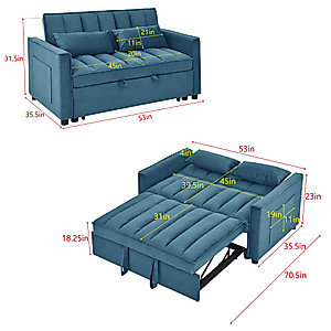 FREESNOOZE Modern Loveseat Sleeper Sofa Bed Pull Out Couch, Adjustable Backrest, Velvet 3-in-1 Convertible for Living Room Sofa with Storage Pocket, Throw Pillow(Blue)