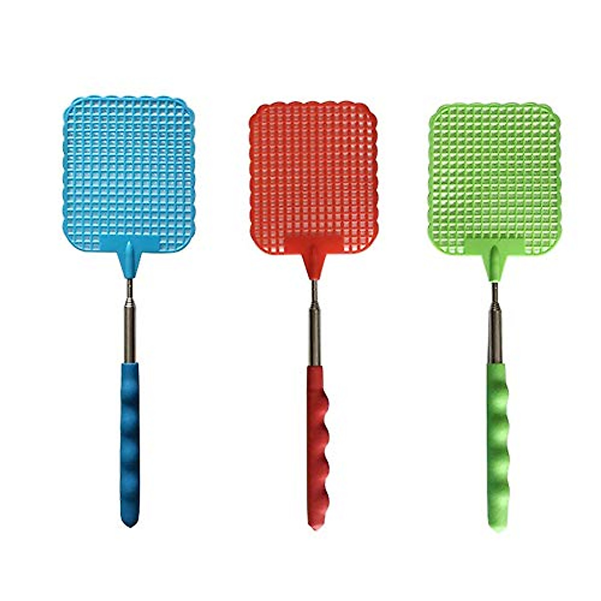 3 Pieces Fly Swatter Extendable Fly Swatter Telescopic Fly Swatter Manual Heavy Duty Plastic Flyswatter with Extendable Stainless Steel Handle(Red, Green, Blue)