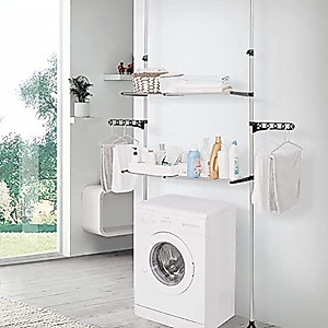 BAOYOUNI 2-Tier Adjustable Laundry Shelf Over The Toilet Washing Machine Storage Rack Tension Pole Bathroom Space Saver Organizer with Clothes Towels Hanger Hook, Black