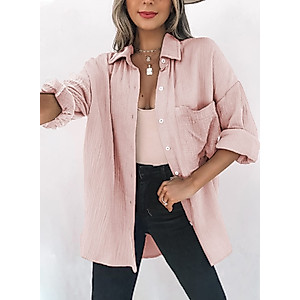 Dokotoo Womens Fashion V Neck Collared Long Sleeve Button Down Shirts Solid Color Cute Basic Pockets Fashion Comfy Loose Fit Boyfriend Fall Blouses Tops for Ladies Pink S