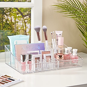 STORi Audrey Clear Vanity Makeup Organizer | 15-Compartment Holder for Brushes, Eyeshadow Palettes, & Beauty Supplies | Stacks on Audrey Storage Drawers | Made in USA