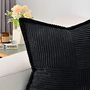 HAUSSY Black Throw Pillow Covers 22x22 Inch Set of 2, Soft Corduroy Solid Striped,Square Decorative Cushion Case,Winter Home Decorations for Couch,Bed