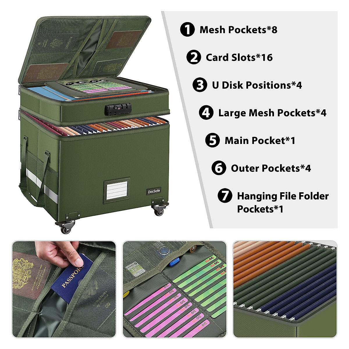 DocSafe File Box with Lock, 2-Layer Fireproof Document Box with Wheels,Collapsible Rolling File Storage Organizer Box with Pockets,Large Portable Home Office Filing Cabinet for Hanging Folders,Green