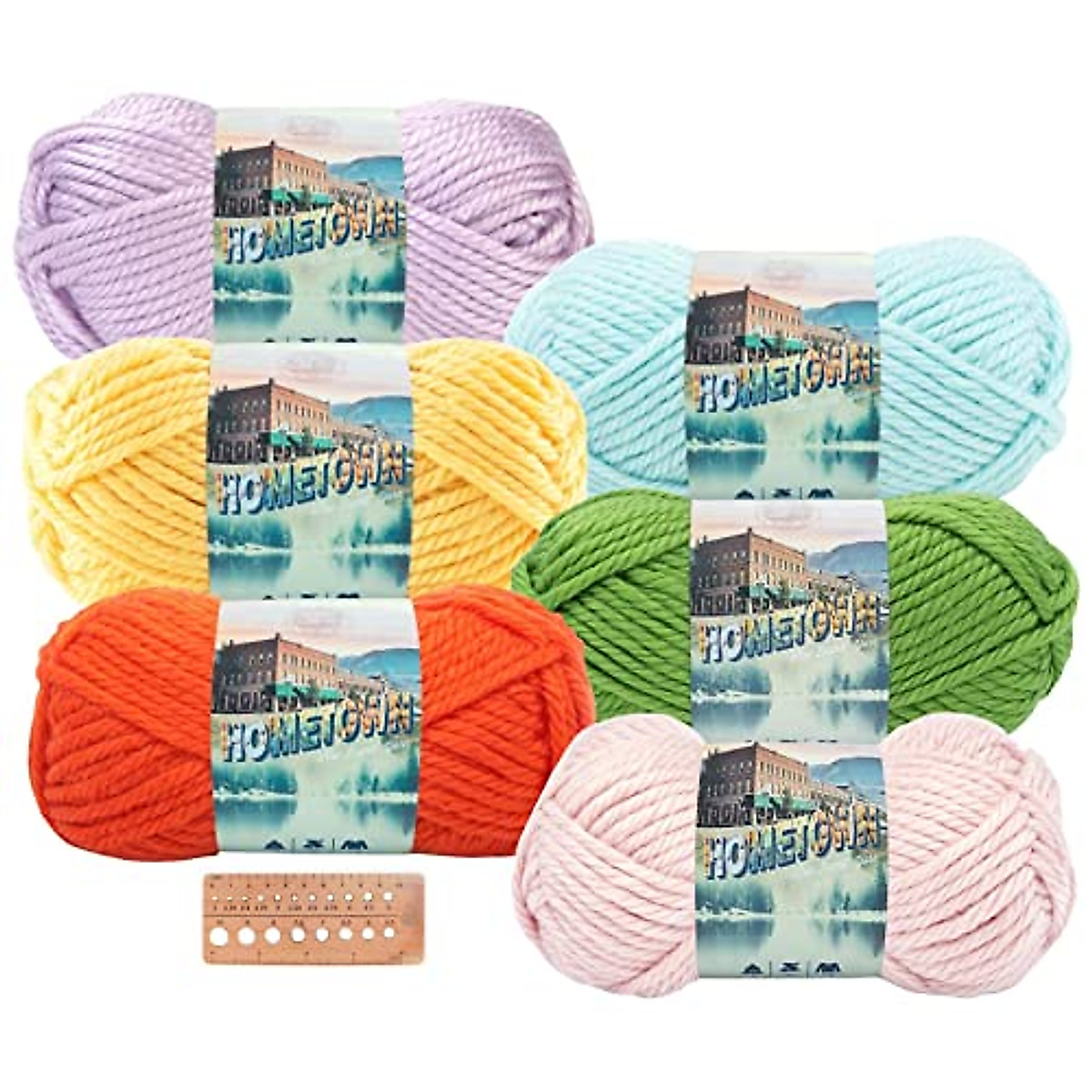 Lion Brand Yarn - Hometown - 6 Skein Assortment with Needle Gauge (Beach Ball)