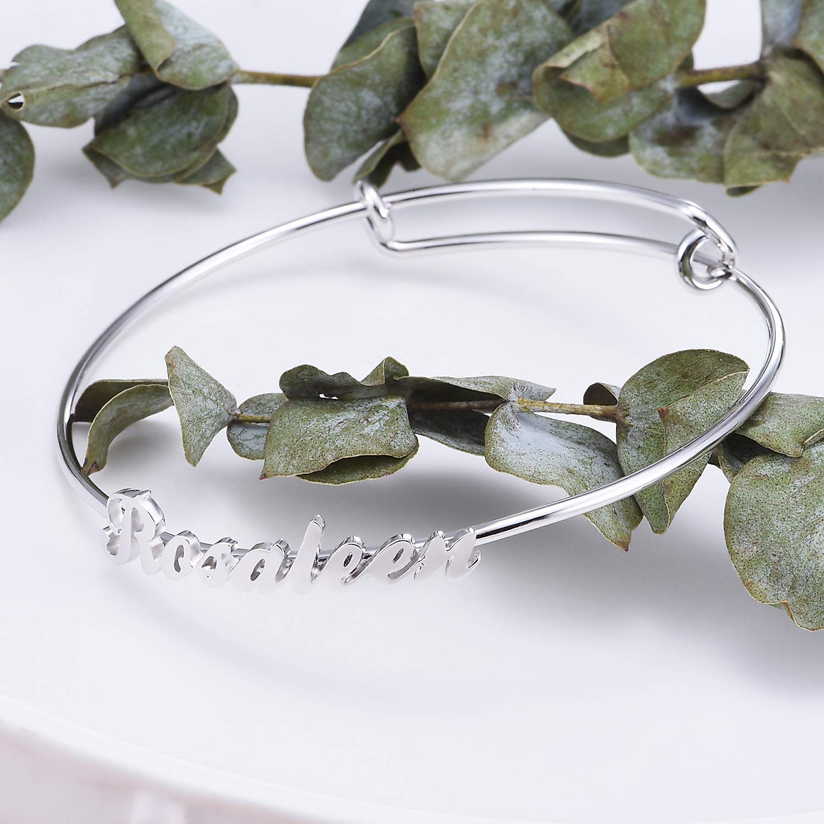 RMREWY Sterling Silver Personalized Name Bracelet Handmade Engrave Name Adjustable Bangle Custom Jewelry Christmas Gift for Women Mom