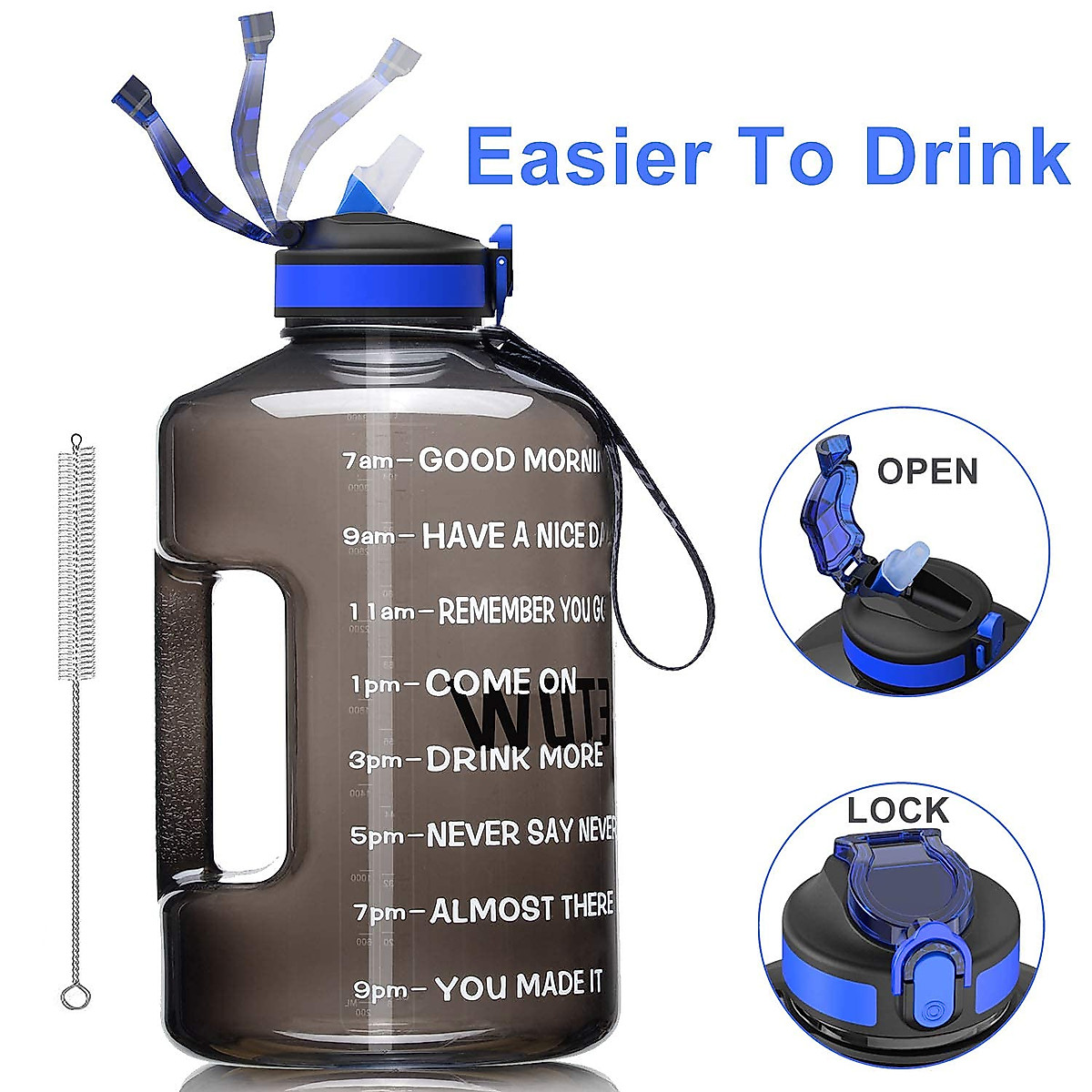 ETDW Gallon Water Bottle with Straw Clean Brush BPA Free, 128oz Large Water Jug with Time Marker Leak Proof Big Daily Water Intake Bottle for Outdoor Black