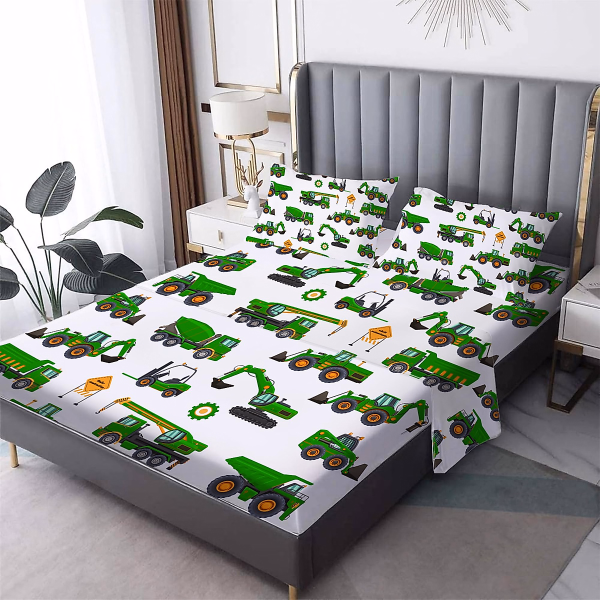 EDGZKO Sheet Set Green Tractor: Queen Size Cartoon Excavator Truck Bed Sheets for Boys Kids Toddler Deep Pocket Construction Vehicle 4PC Bedding Set 1 Fitted Sheet & 1 Flat Sheet & 2 Pillowcases