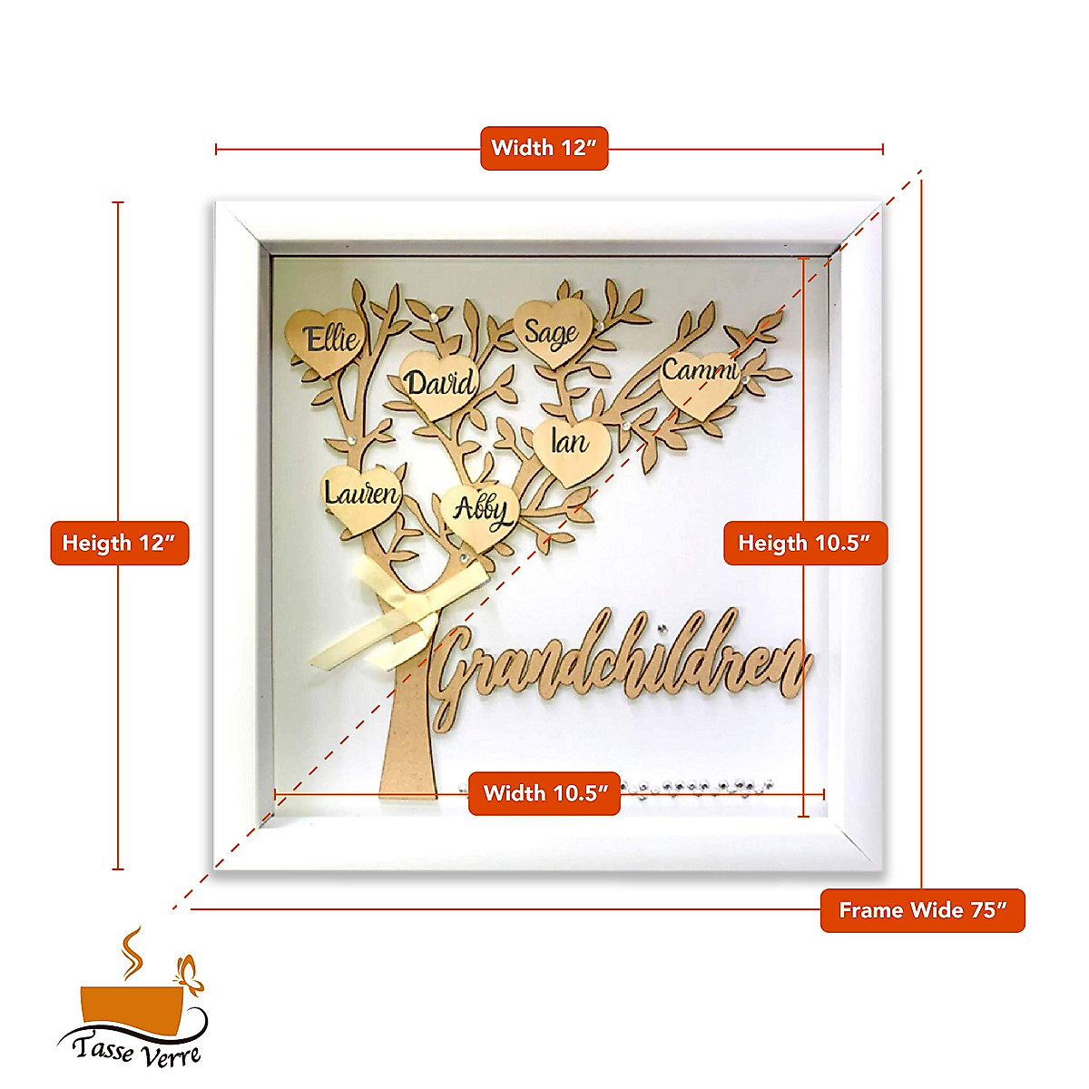 Tasse Verre 12x12 Grandchildren Shadow Box Kit - Family Tree Gift for Grandparents Grandma Grandpa with 7 Hearts and 40 Gems. Gift for Grandparents Grandchild Grandkid Nana Mimi Mothers Day