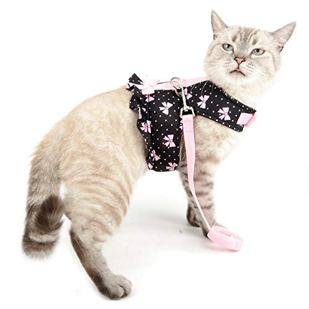 SELMAI Bow Tie Dog Harness for Small Dogs Ruffles Design Cat Harness and Leash for Walking Adjustable Soft Padded for Puppies Boys Girls Kitten Jacket Easy on Spring Autumn XS