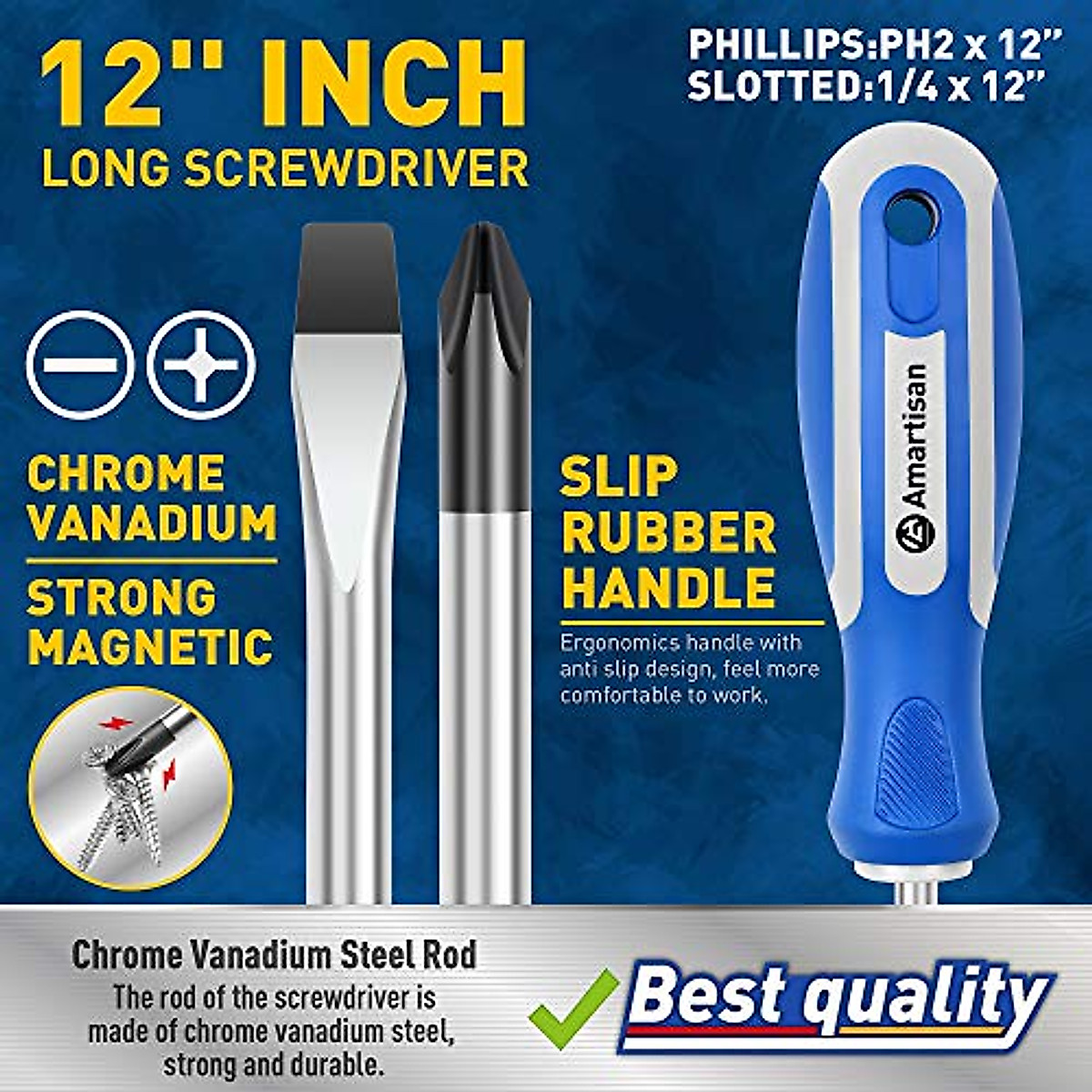 Amartisan 2-Piece 12'' long Screwdriver Set, Long Blade Screwdriver Set 12-Inch Magnetic Screwdriver, Phillips & Slotted Bits .（NEW）