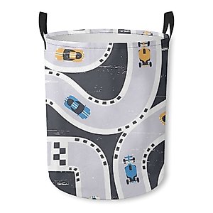 Storage Basket,Blue Race Racing Cars Yellow Boy Children Baby,Collapsible Large Laundry Hamper with Handles for Home Office 17.32"X13.58"