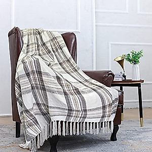 Taupe Grey and White Plaid Decor Tartan Blanket, Lightweight Soft Chenille Striped Knitted Rustic Farmhouse Throw with Tassels for Couch Sofa Chair Bed Office Home, 50" x 60"