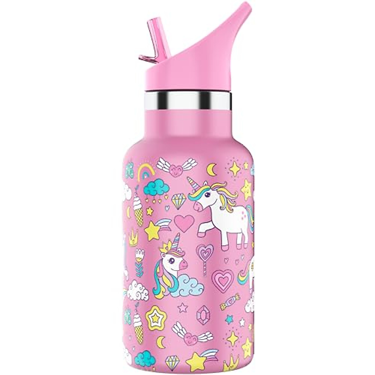 JEELA SPORTS Kids Water Bottle Stainless Steel with Straw -12 oz- Leak Proof & Double Wall Vacuum Kids Insulated Water Bottle, Toddler Water Bottles Kids, Pink